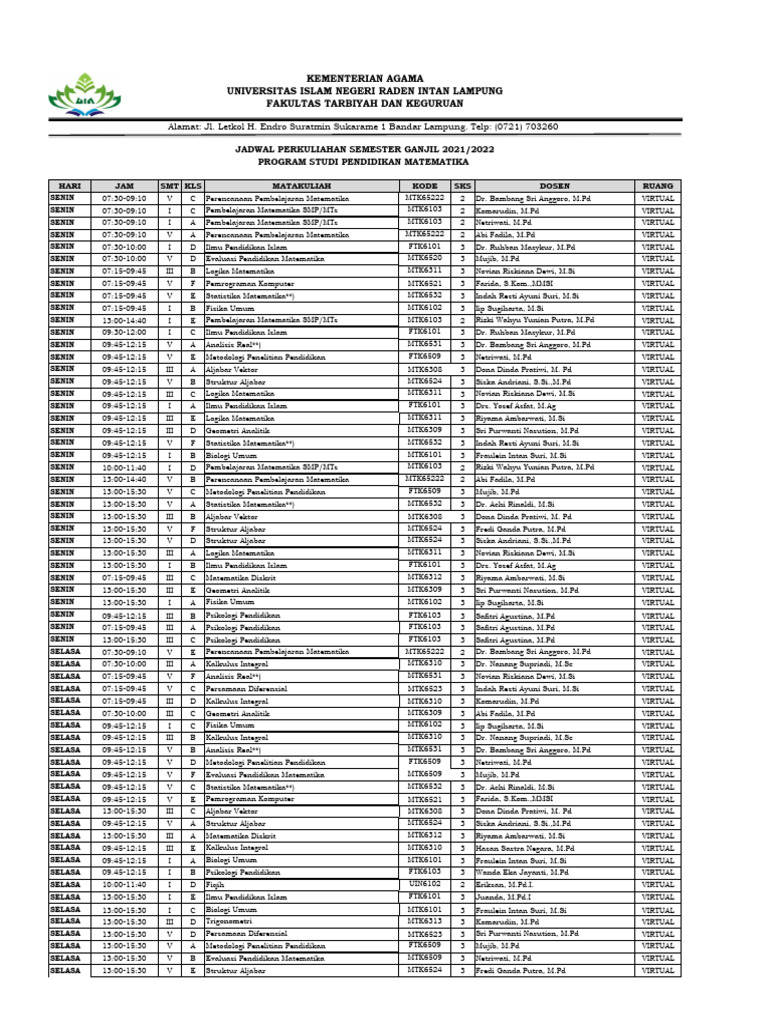 Jadwal Perkuliahan Semester Ganjil PSPM TA 2021-2022 | PDF Jadwal Perkuliahan Semester Ganjil PSPM TA 2021-2022 | PDF