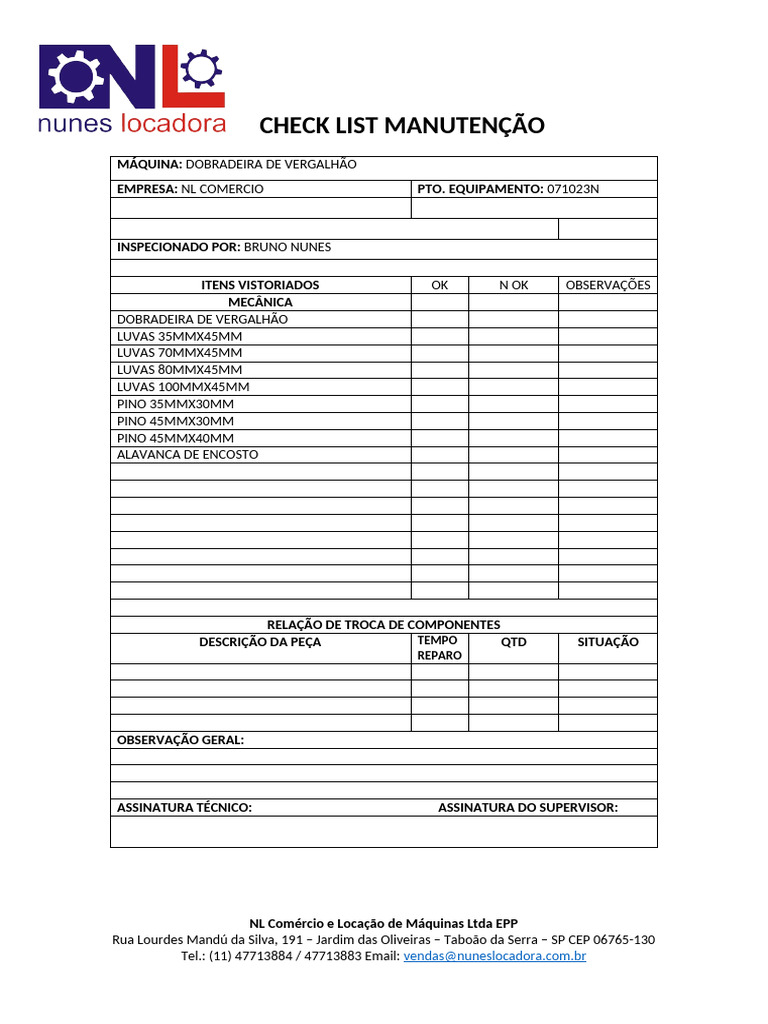 Check List - Dobradeira | PDF