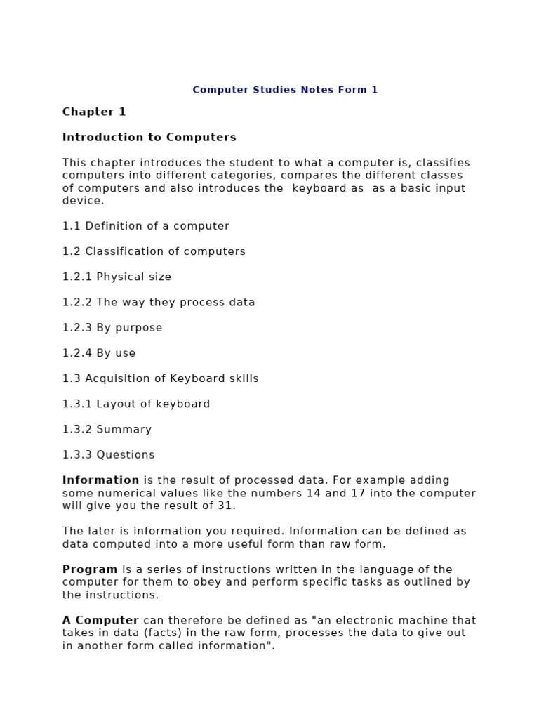 Computer Studies Notes Form 1 | PDF