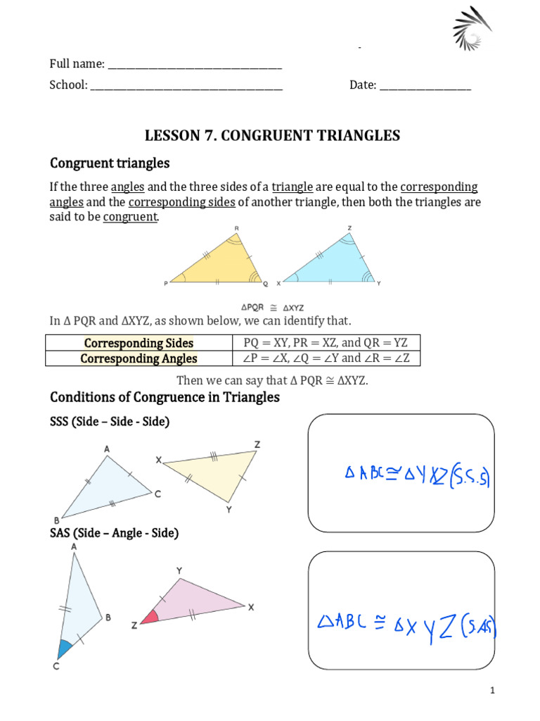 Grade 7. (Checkpoint) Lesson 7. Congruent Triangle | PDF