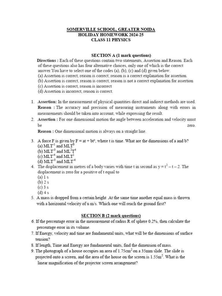 Class 11 Physics Holiday Homework 2024-25 | PDF