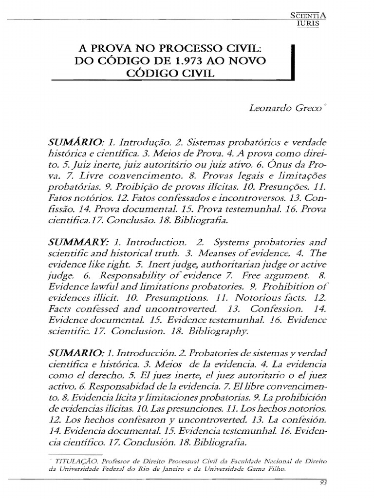 A Prova No Processo Civil Do Codigo de 1 | PDF