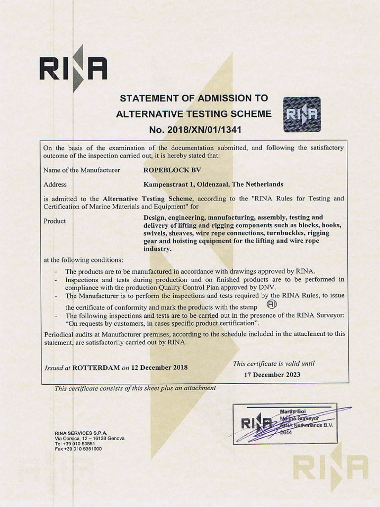 Certificate - Rina Alternative Testing Scheme 2018 | PDF