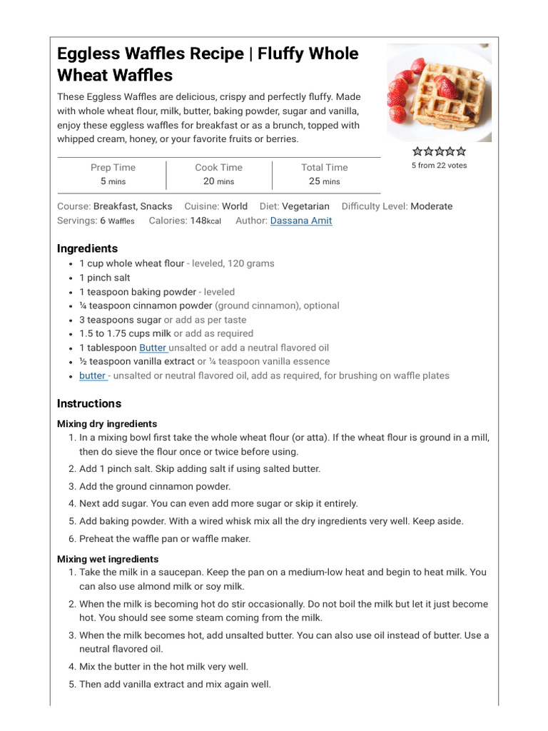 Eggless Waffles Recipe - Fluffy Whole Wheat Waffles - Dassana's Veg ...