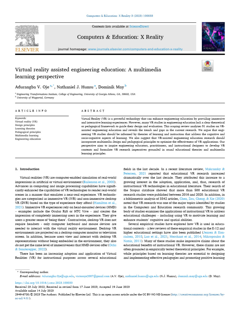 Virtual Reality Assisted Engineering Education: A Multimedia Learning ...