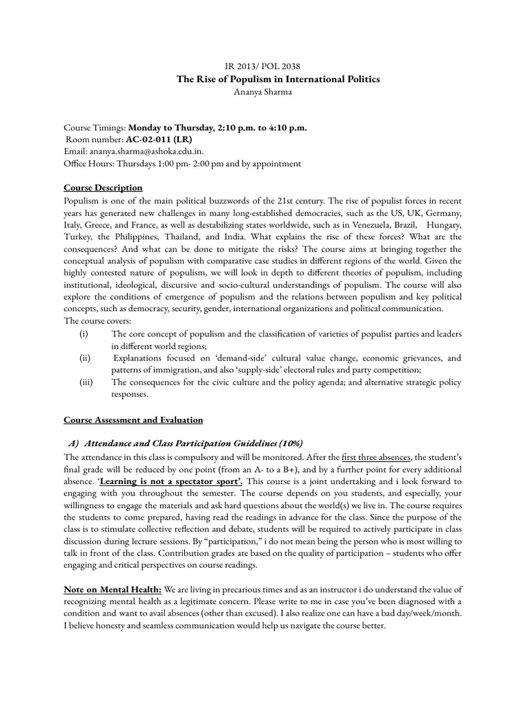 The Rise of Populism in International Politics 2024 - Syllabus | PDF