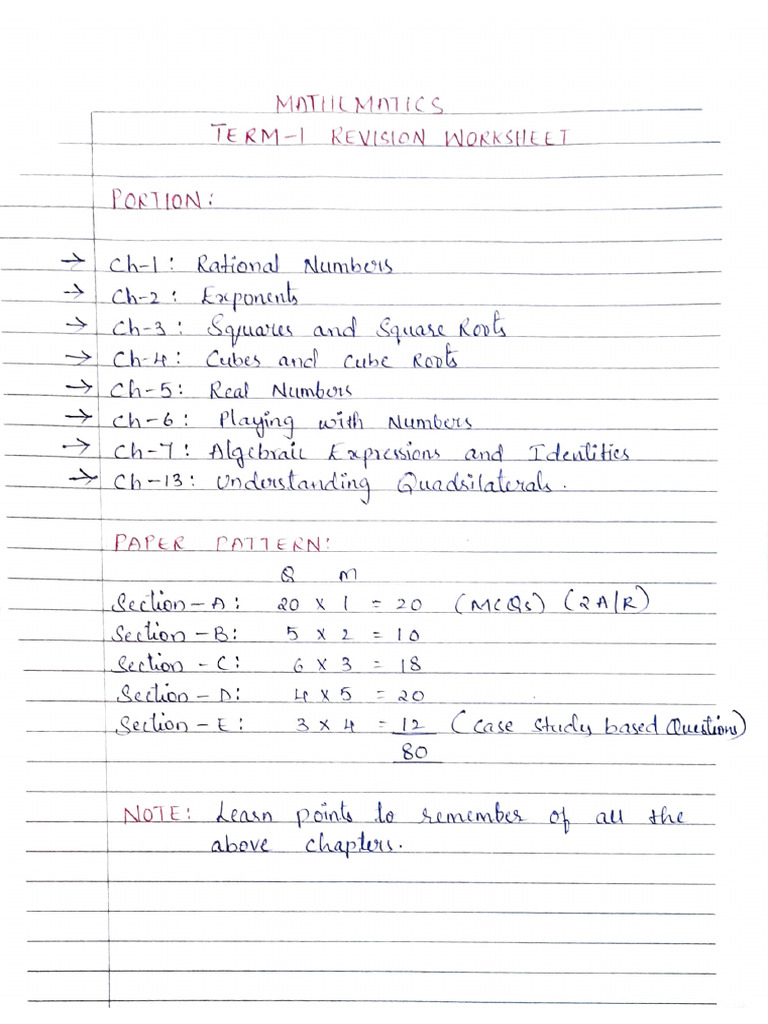 Math Term-1 Revision Worksheet (Class - 8) | PDF