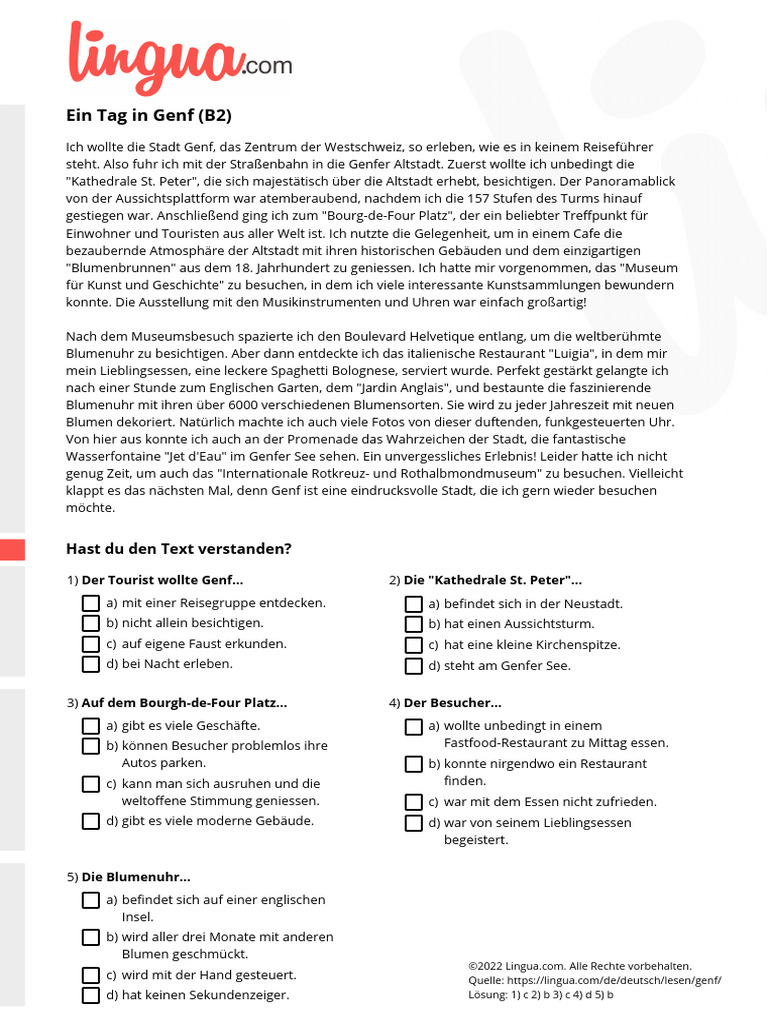 Ein Tag in Genf (B2) : Hast Du Den Text Verstanden? | PDF