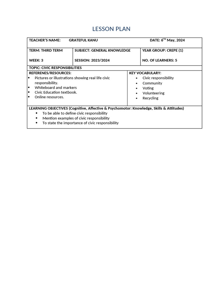 LESSON PLAN - CIVIC RESPONSIBILITIES GK Y1 (1) | PDF