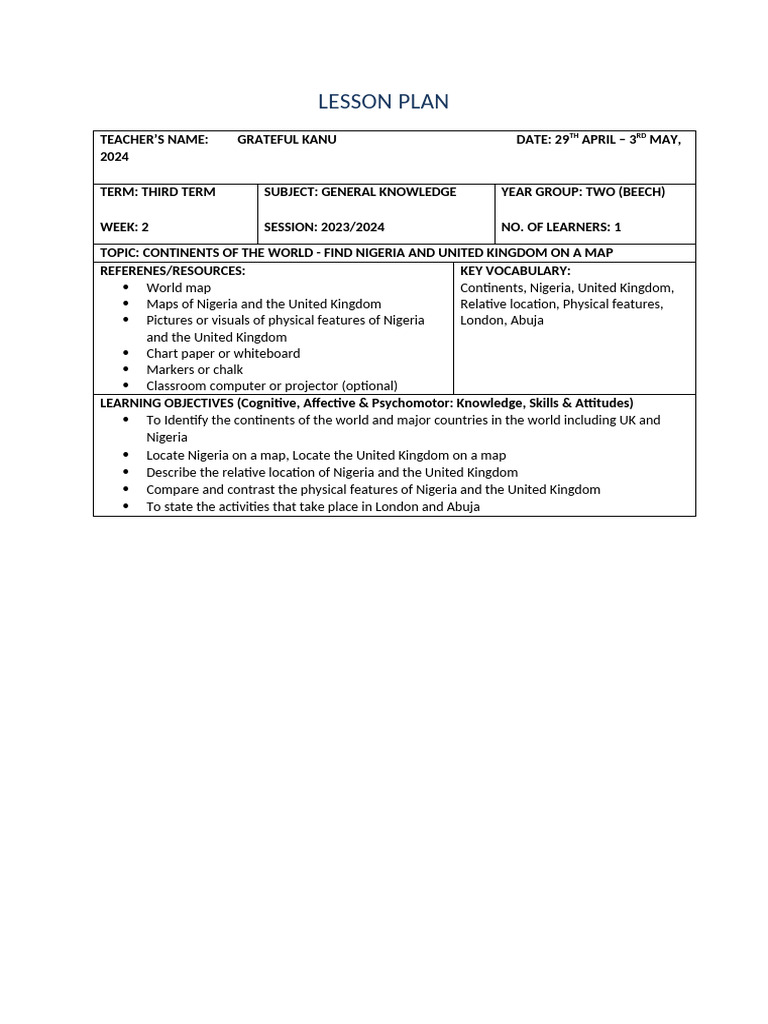 Lesson Plan - Continents GK Y2 | PDF