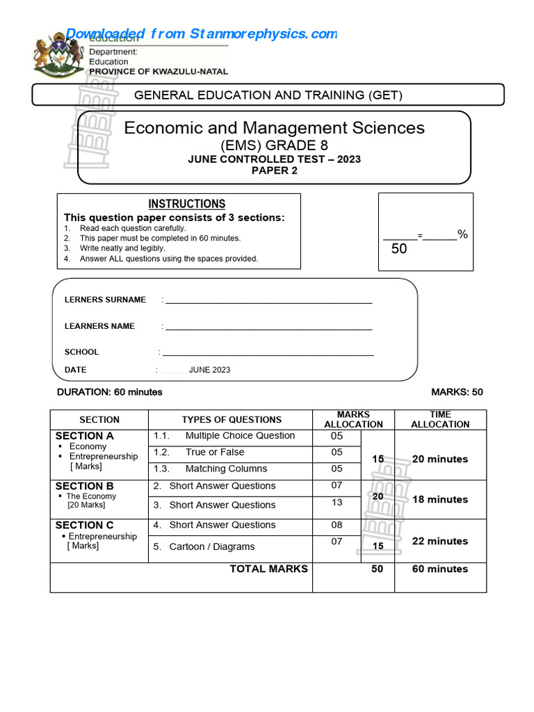 KZN EMS Grade 8 June 2023 P2 and Memo | PDF | Labour Economics | Taxes