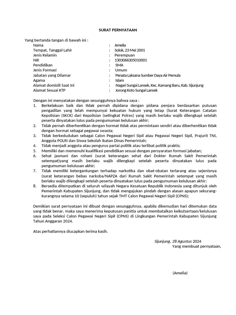 Surat Pernyataan CPNS LIA | PDF