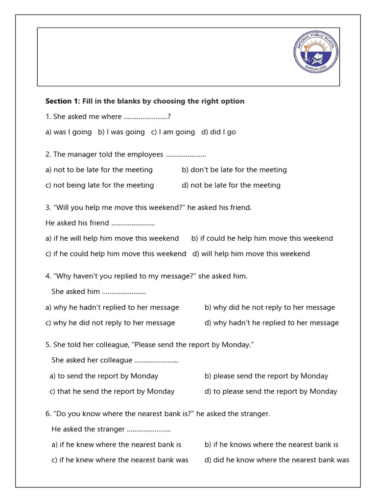 Grade 9 Reported Speech Worksheet | PDF