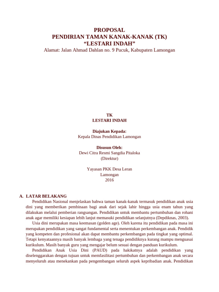 Contoh Proposal Paud | PDF