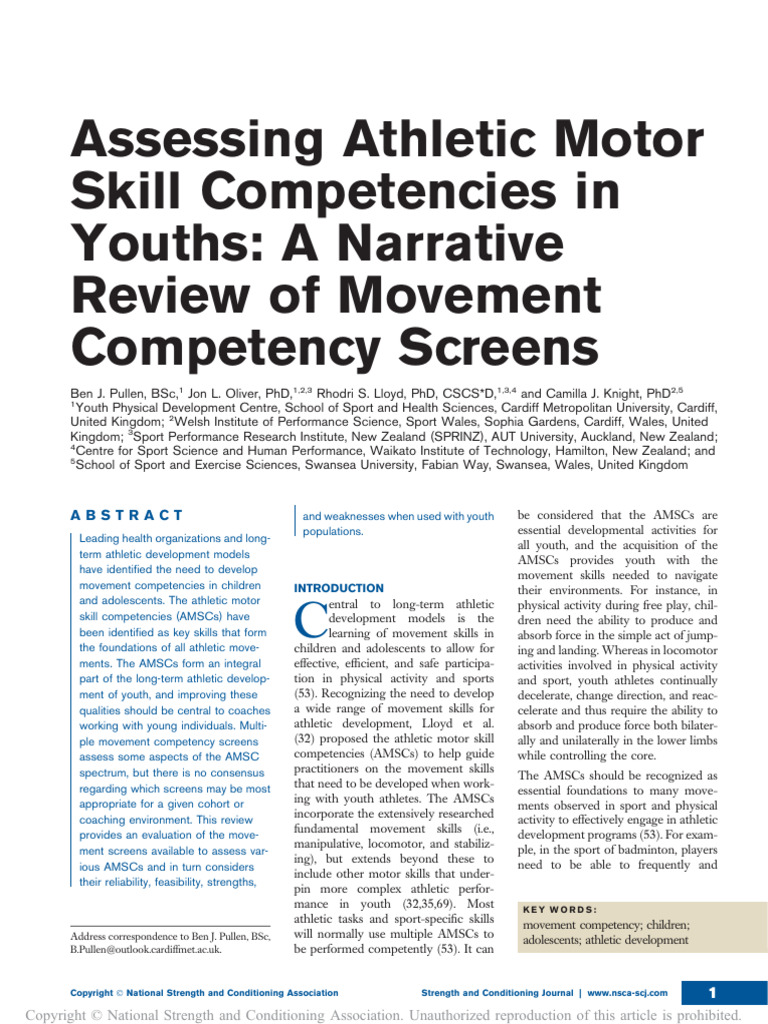 Assessing Athletic Motor Skill Competencies in Youths A Narrative ...