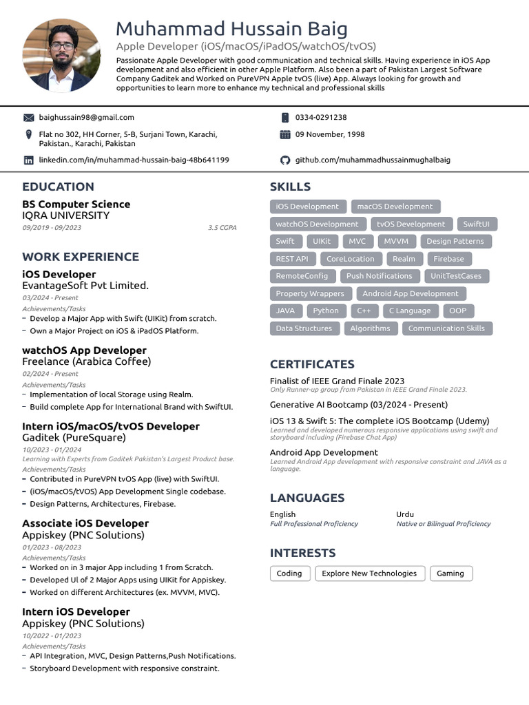 Muhammad Hussain Baig Resume 2 Pdf Ios Swift Programming Language