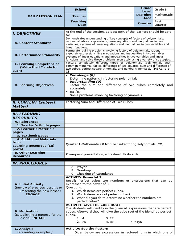 DAILY LESSON PLAN-Factoring Sum and Difference of Two Cubes | PDF ...
