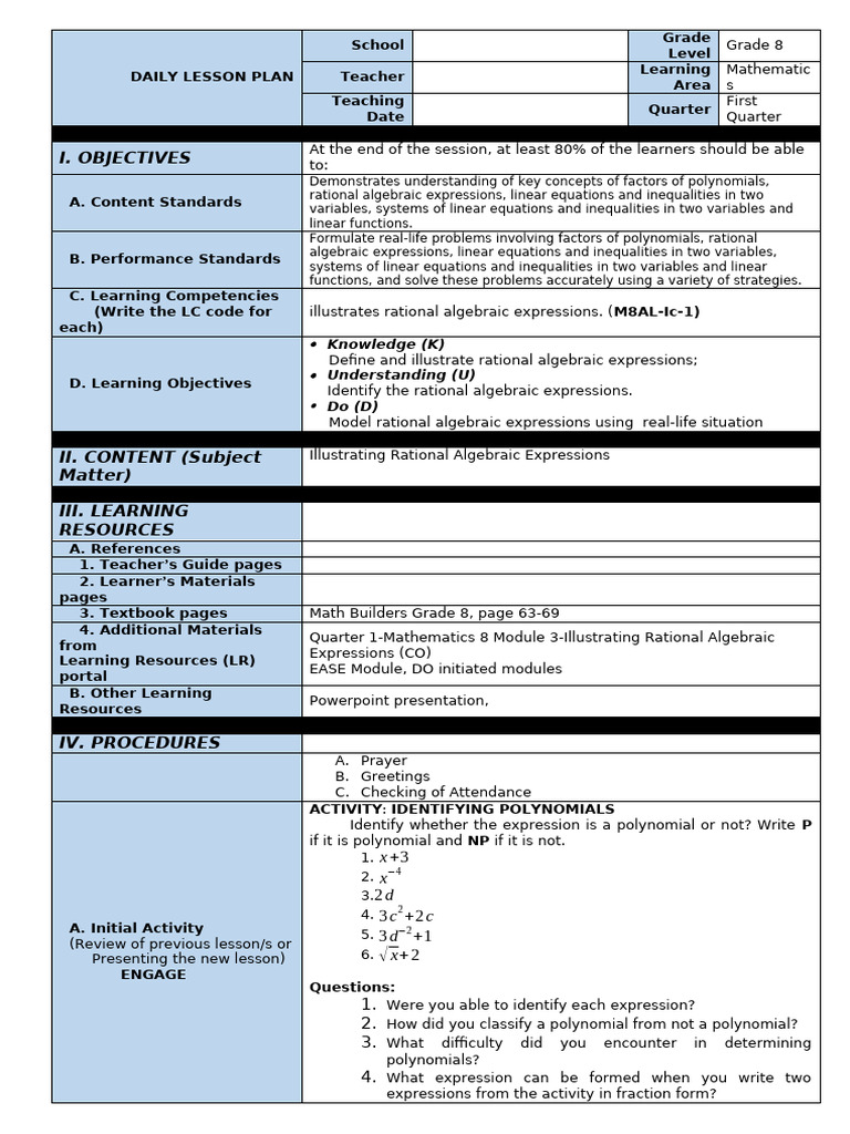 DAILY LESSON PLAN-Illustrating Rational Algebraic Expressions | PDF ...