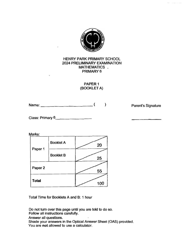 Henry Park Math Prelim 2024 | PDF