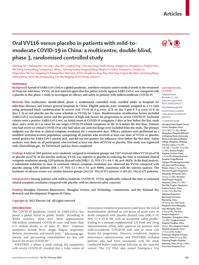 Oral VV116 Versus Placebo in Patients With Mild To | PDF