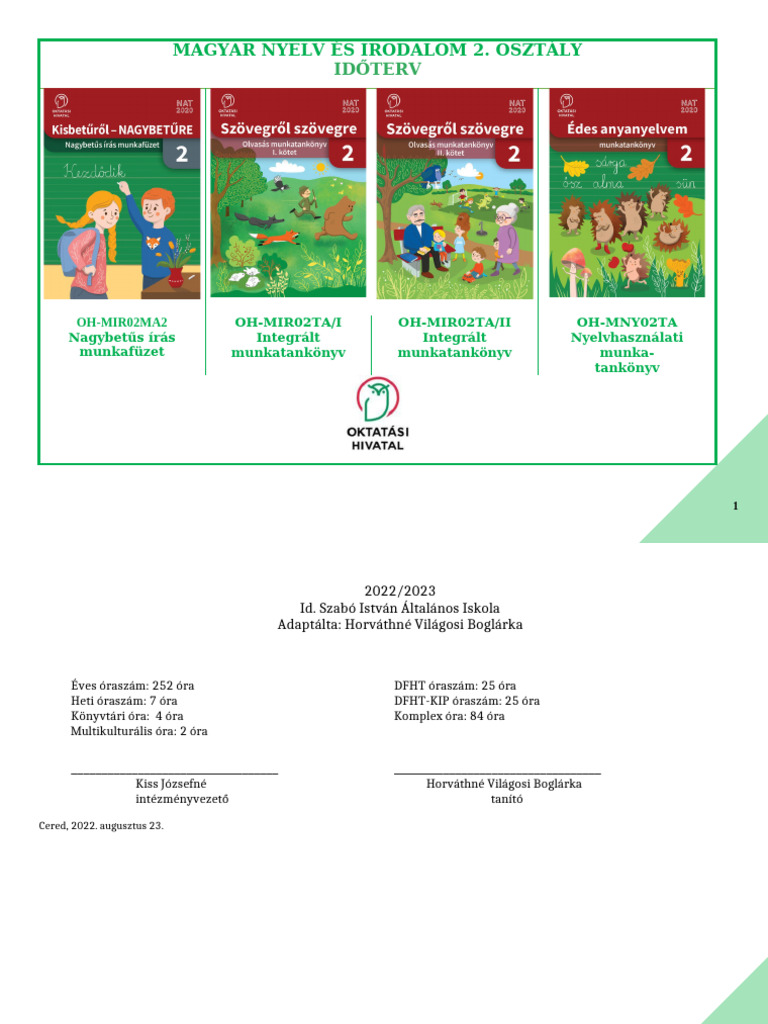 OH-MIR02TA OH-MNY02TA Magyar Nyelv Irodalom 2 Tanmenet Idoterv | PDF