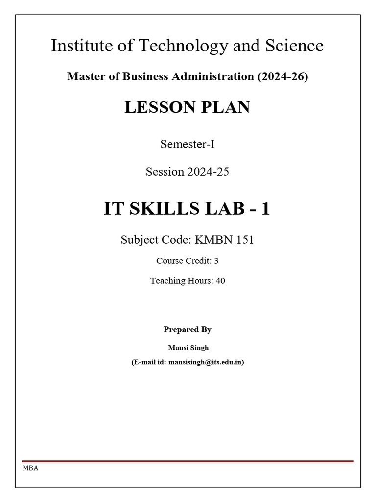 It Skills Lab-1 (Lesson Plan) Mba-I Sem. (2024-26) | PDF