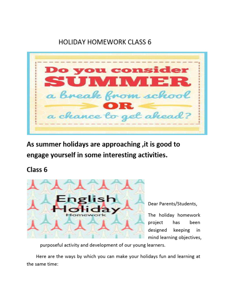 Holiday Homework Class 6 2024-25 | PDF
