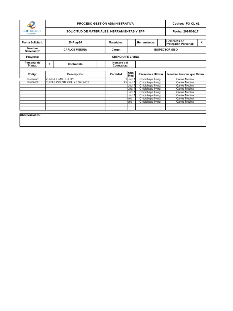 FO-CL-61 Formato Solicitud de Materiales_Herramientas_EPP Nuevo | PDF
