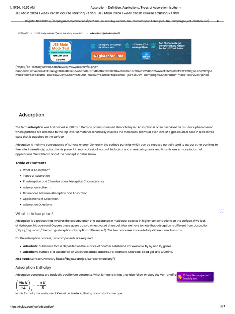 Adsorption - Definition, Applications, Types of Adsorption, Isotherm | PDF