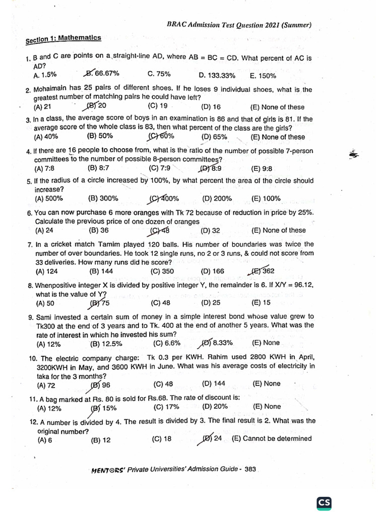 BRAC University Admission Questions | PDF