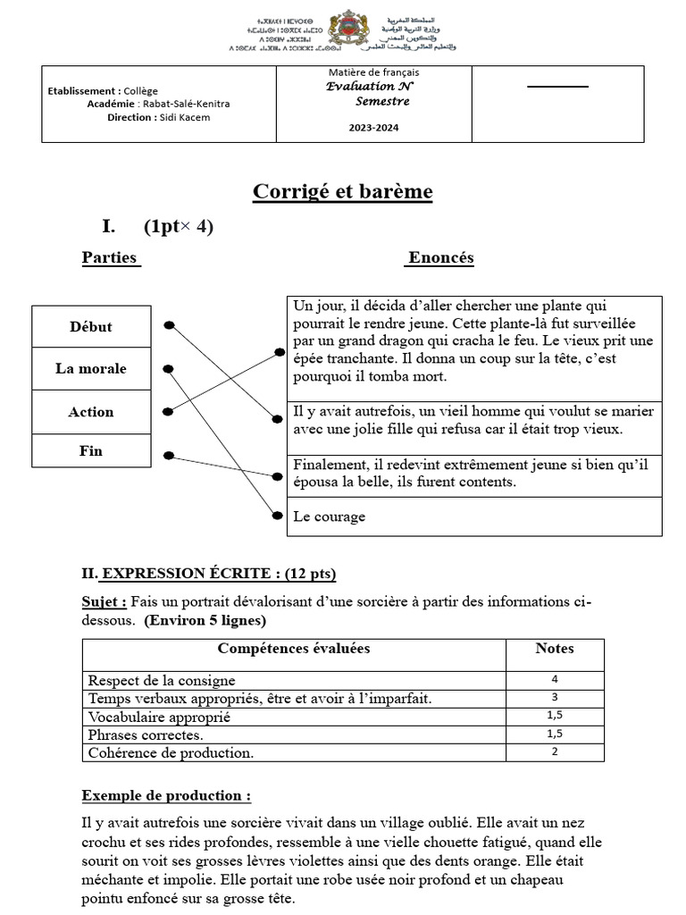 Corrigé Et Barème 1 AC en Production | PDF