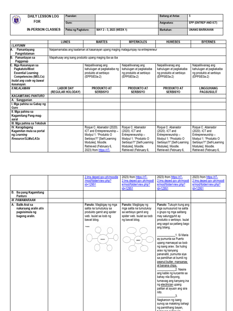 Daily Lesson Log FOR In-Person Classes: I.Layunin | PDF