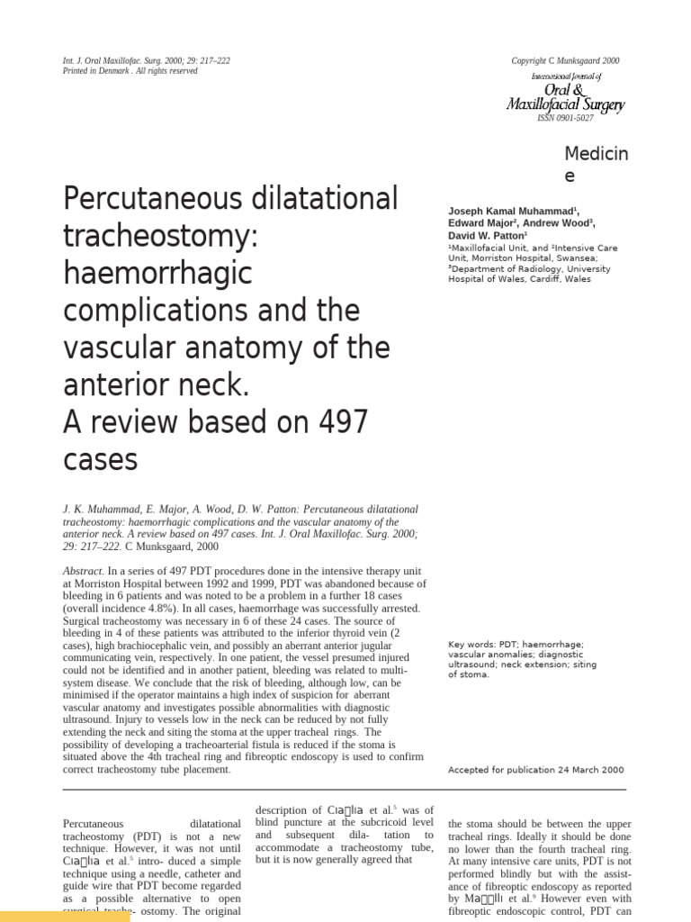 Percutaneous Dilatational Tracheostomy Haemorrhagic Complications | PDF