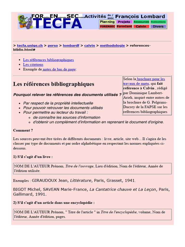Les Références Bibliographiques Notamment Dans Les Travaux de Maturité ...