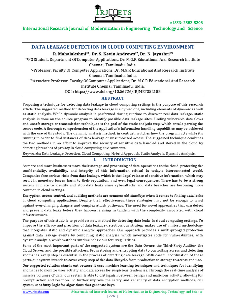 Data Leakage Detection in Cloud Computing Environment: R. Mahalakshmi, Dr. S. Kevin Andrews, Dr ...