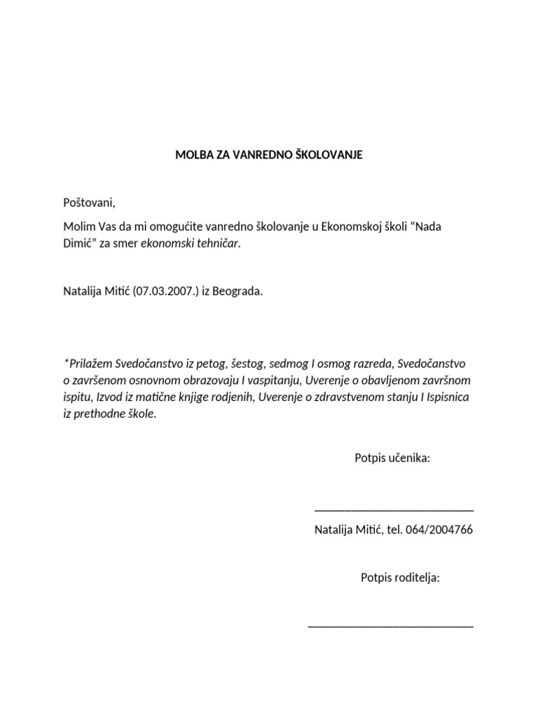 Molba Za Vanredno Školovanje | PDF