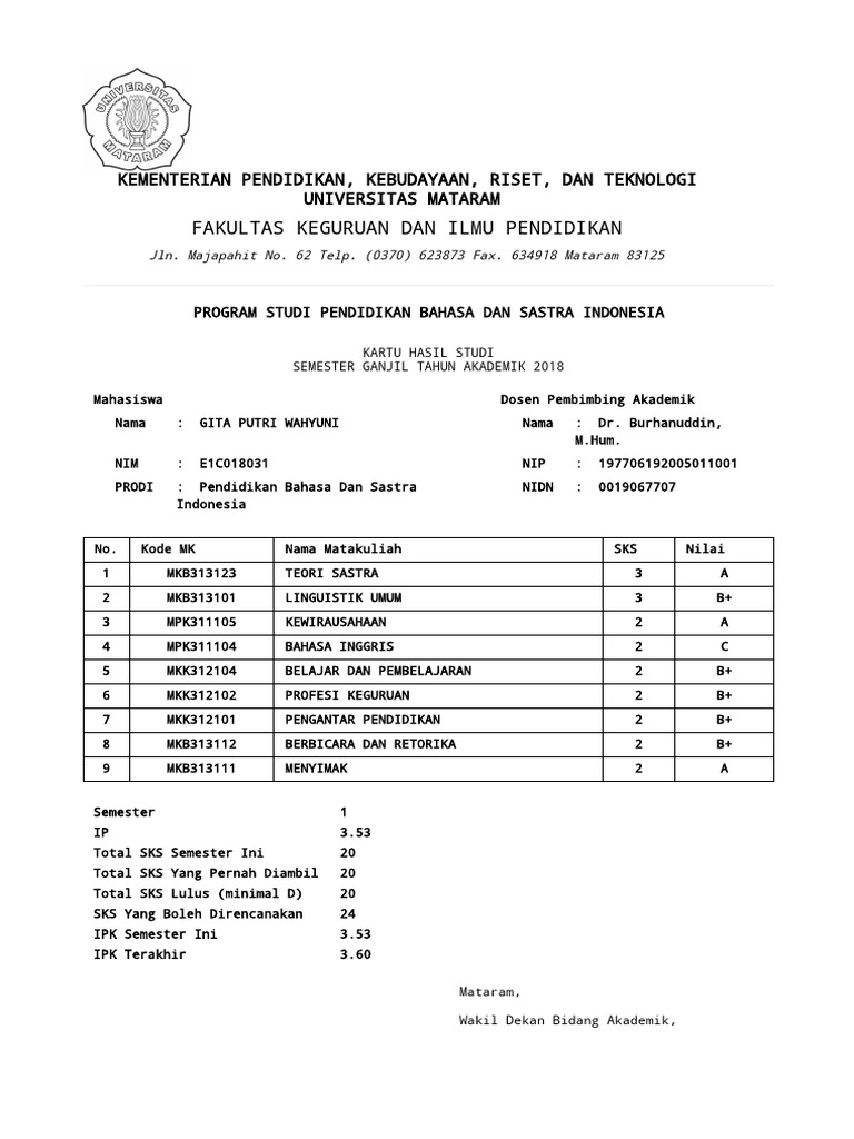 Khs Semester 1 Sampai 6 | PDF