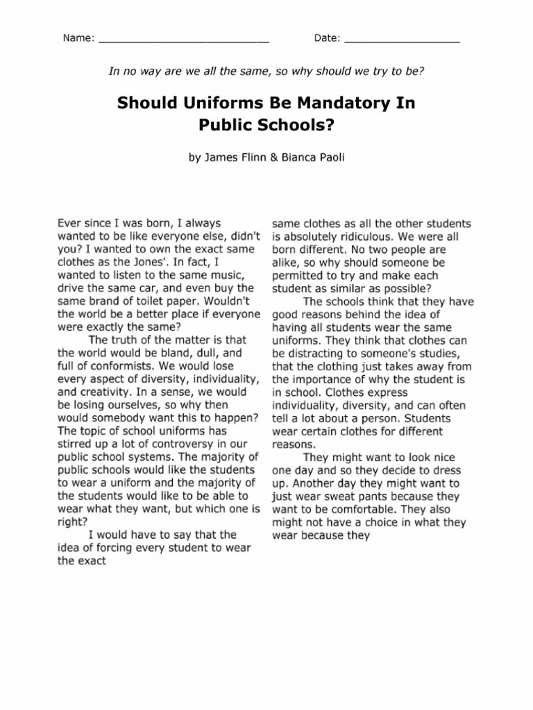 Should Uniforms Be Mandatory in Public Schools - CASI Gr. 8 | PDF