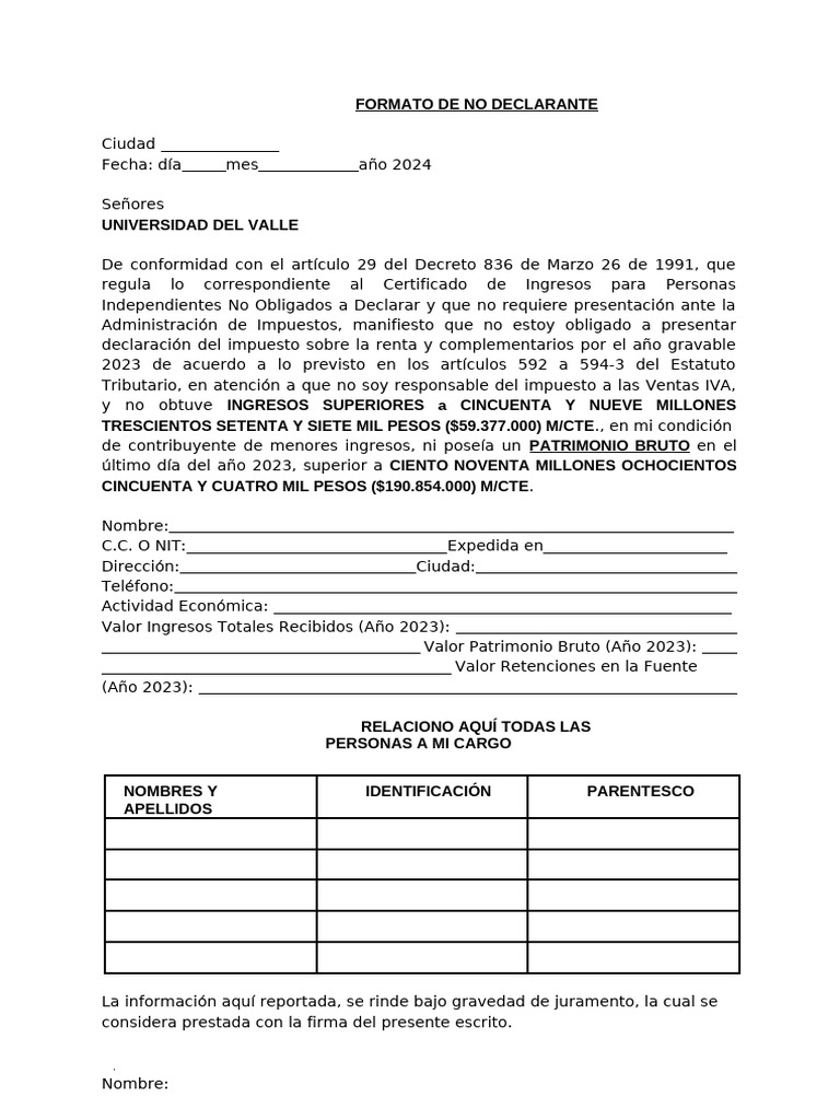 Copia de FORMATO DE NO DECLARANTE 2024 | PDF