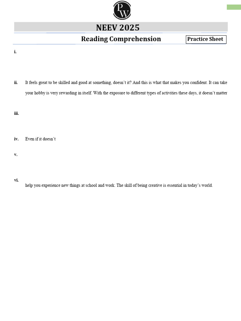 Reading Skills - Reading Comprehension - Practice Sheet - Neev 2025 | PDF | Waste Management ...