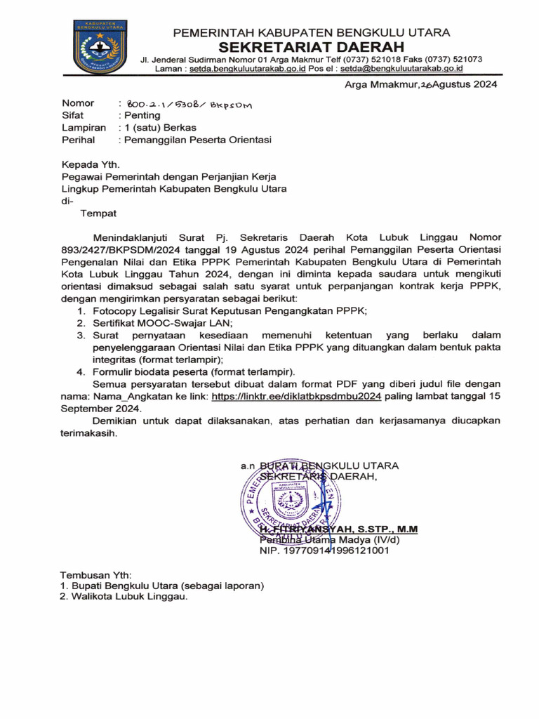 Surat Pemanggilan Peserta Orientasi PPPK BU | PDF