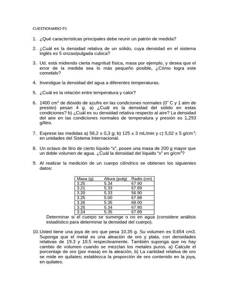 CUESTIONARIO P1 Lab QMC | PDF | Medición | Finura