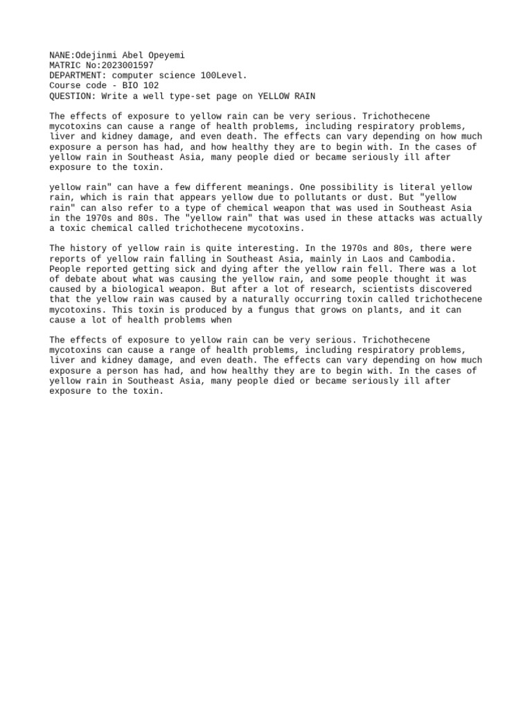 Yellow Rain Bio 102 Assignment | PDF