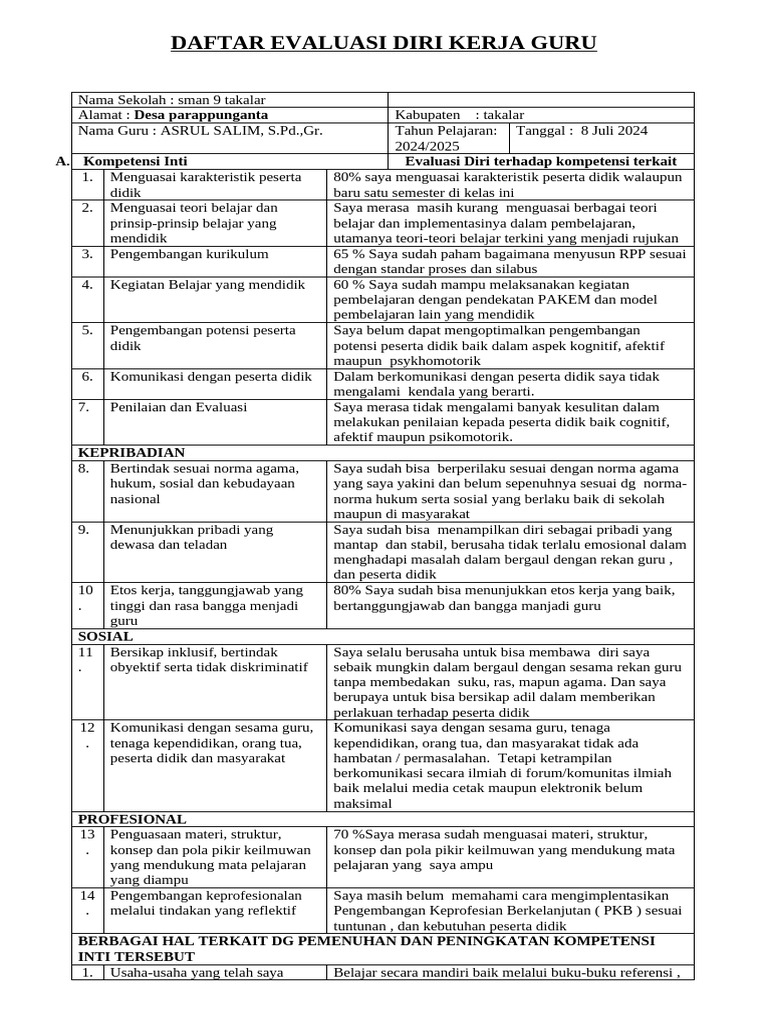 1 Daftar-Evaluasi-Diri-Kerja-Guru | PDF