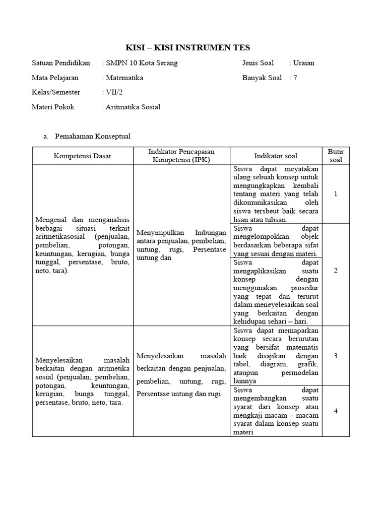 Kisi - Kisi Instrumen Tes | PDF