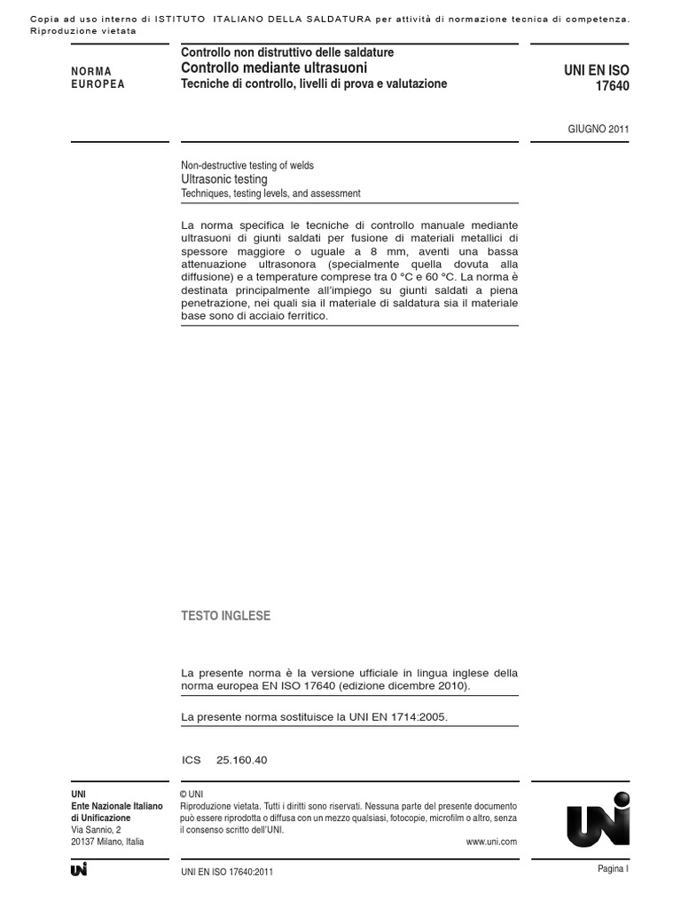 UNI EN ISO 17640 2011 UT Tecniche Liv. Prove Valutazione | PDF