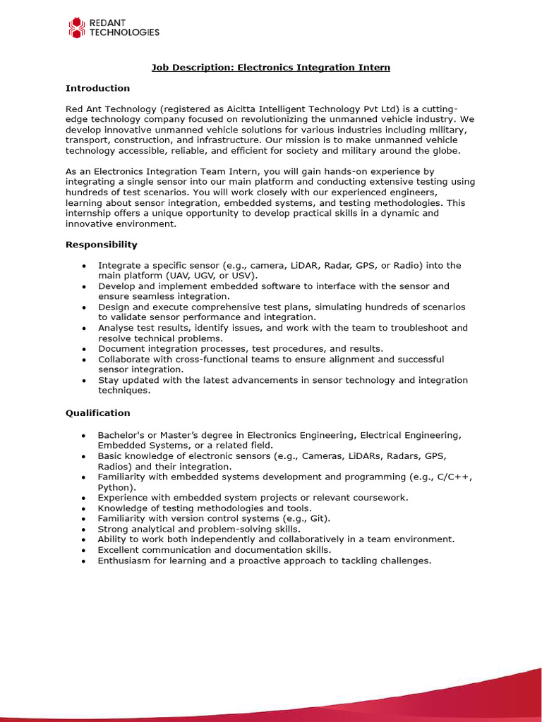 JD Electronics Integration Intern v0.1 | PDF | Embedded System | Art
