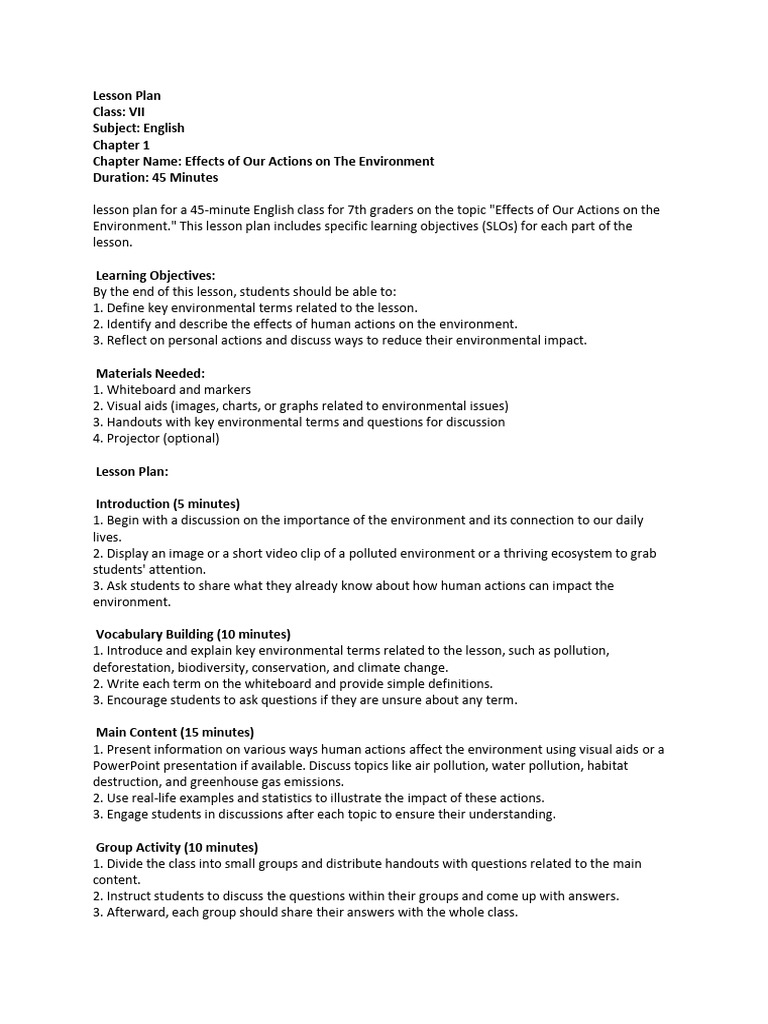 Lesson Plans Class 7 English | PDF