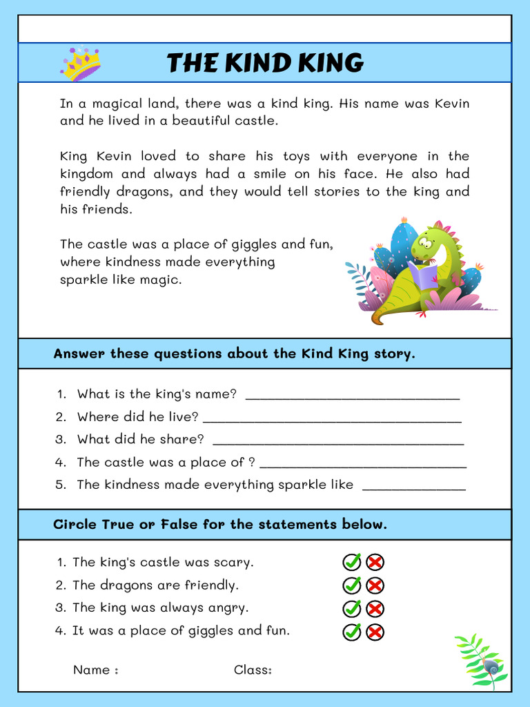 English Reading Comprehension Worksheet Blue and White Lined Style | PDF