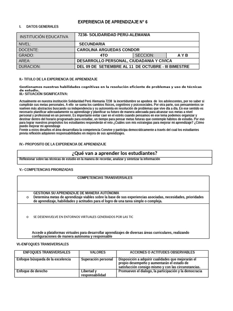 experiencia de aprendizaje 6--4to sec | PDF